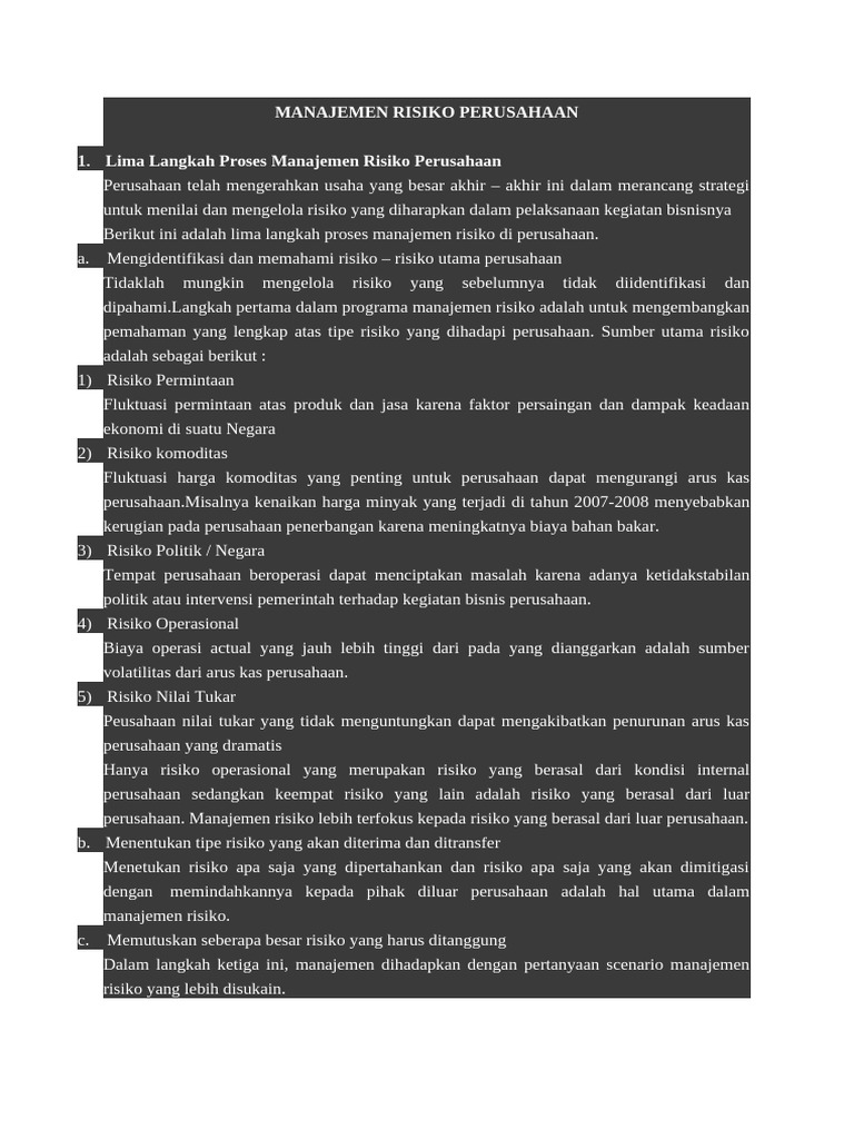 Proses Manajemen Risiko Perusahaan | PDF