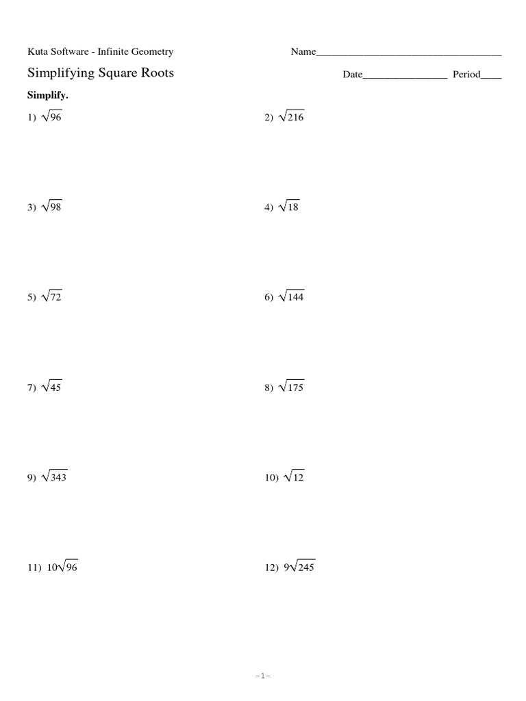 Simplifying Square Roots Worksheet | PDF | Mathematics