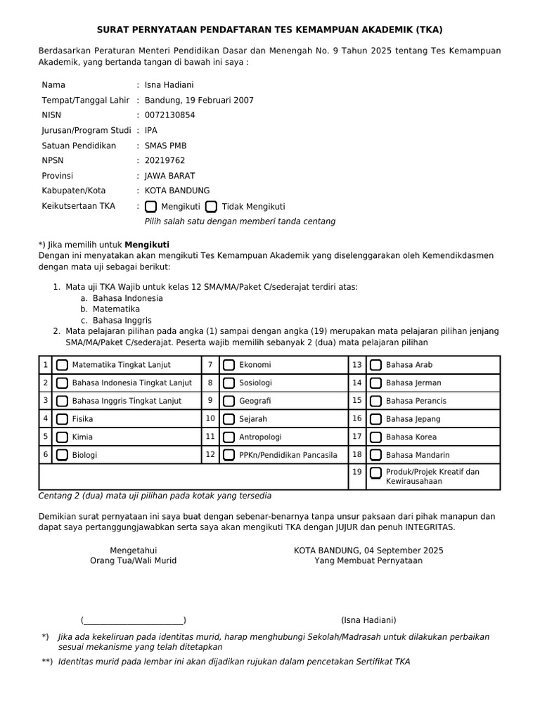 Pendaftaran Tes Kemampuan Akademik TKA | PDF