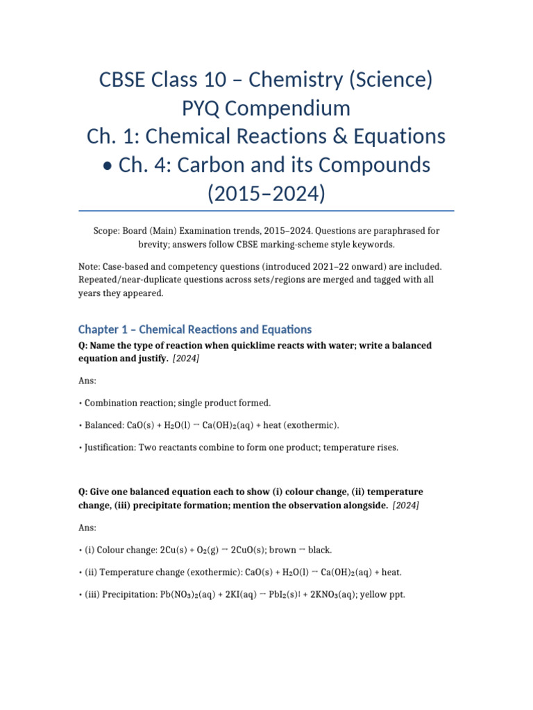 CBSE Class 10 Chemistry PYQs 2015-2024 | PDF | Ester | Chemical Reactions