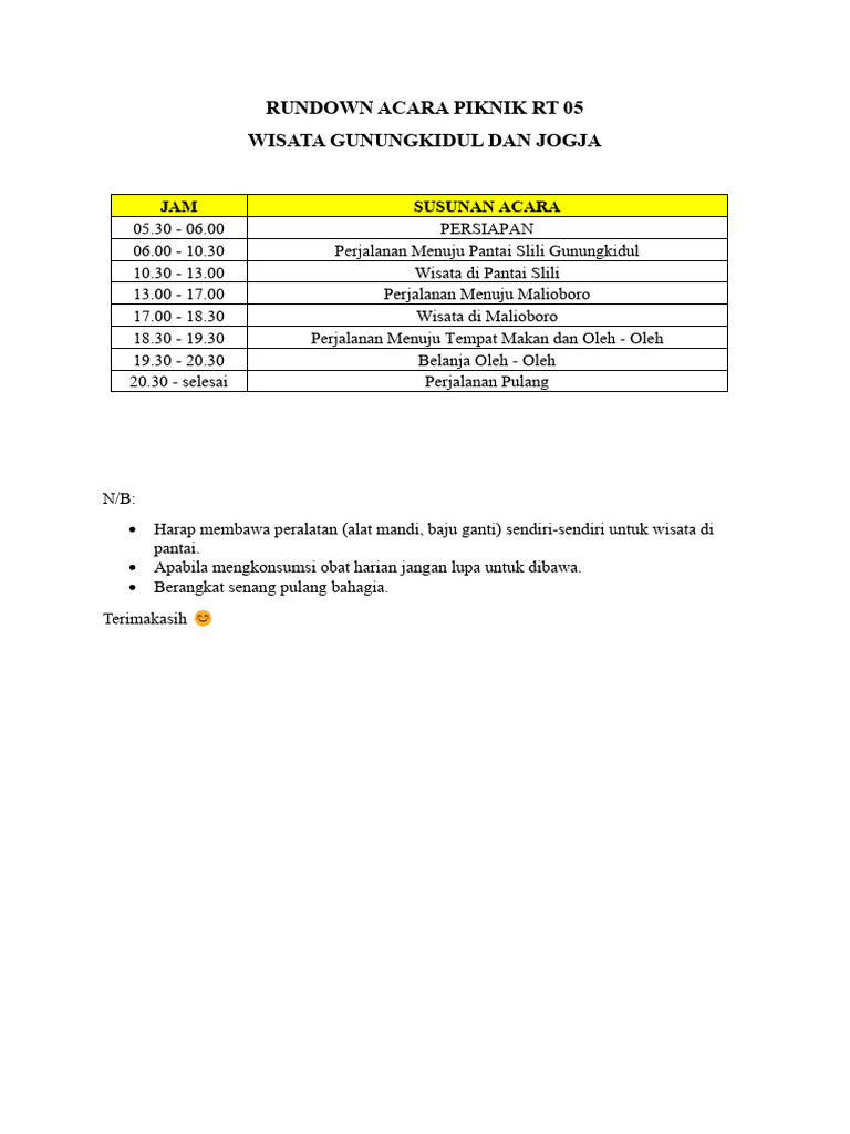 Rundown Acara Piknik RT 05-1 | PDF