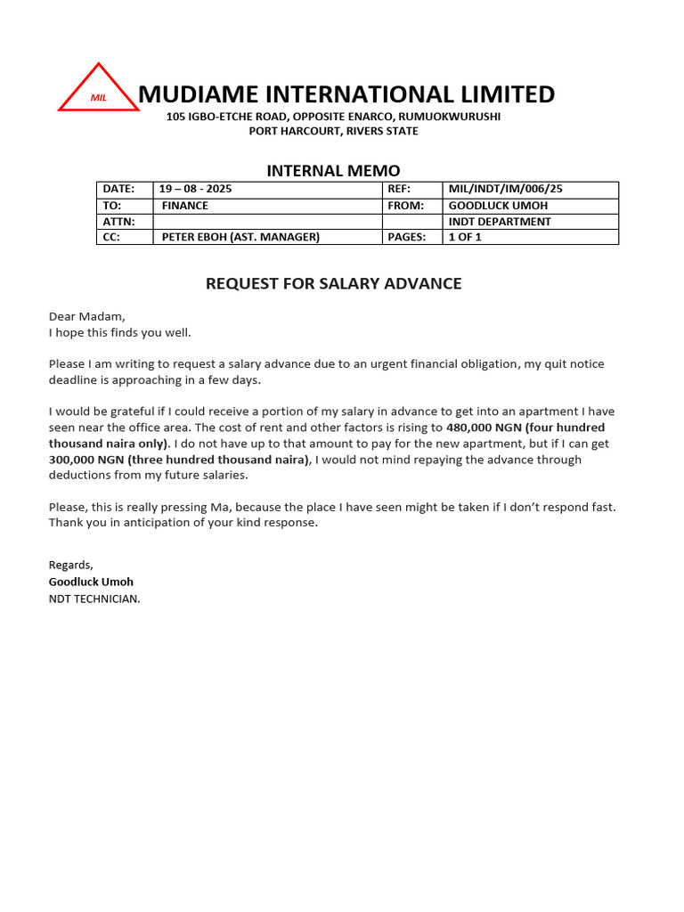 Salary Advance Request Memo | PDF