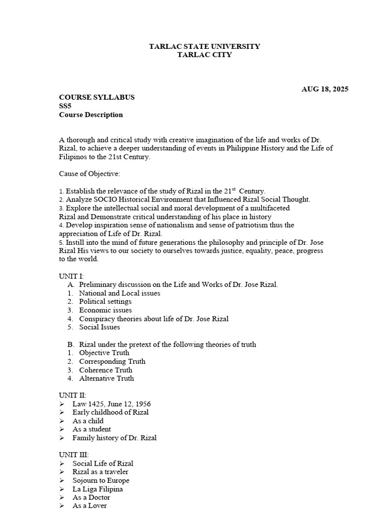 Dr. Rizal Course Syllabus Overview | PDF | Truth | Liberal Arts Education