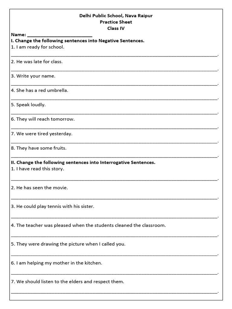 Practice Sheet on Negative, Interrogative Sentences and Possession ...