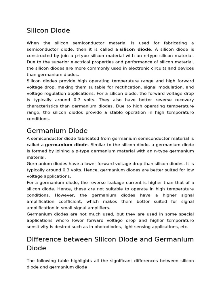 Silicon vs Germanium Diode Comparison | PDF | Diode | Semiconductors