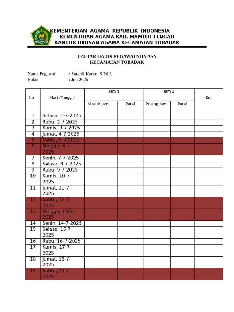 ABSEN BULAN JULI 2025- Copy - Copy - Copy | PDF
