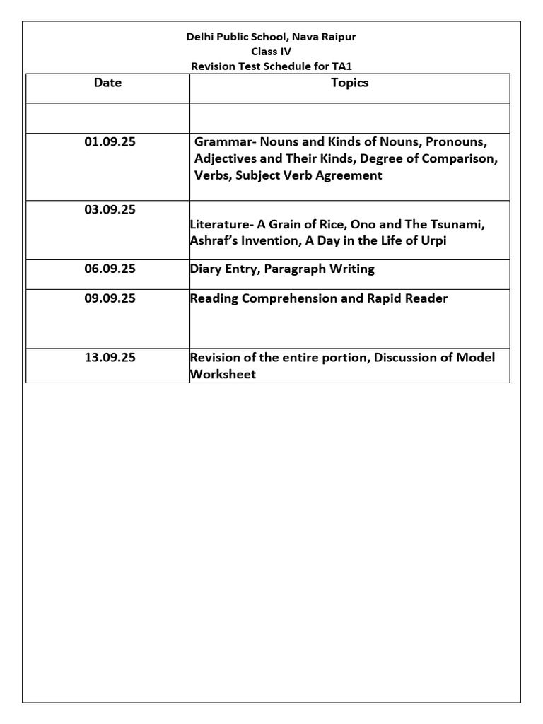 Revision Test Schedule Class IV | PDF