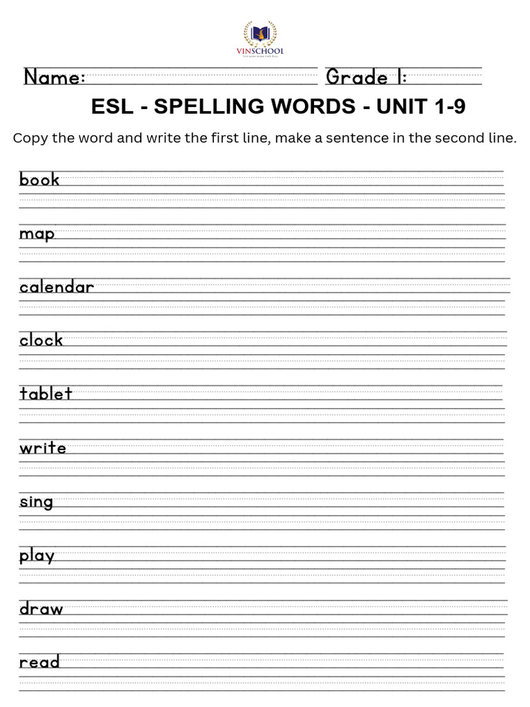 Grade 1 Spelling Words Unit 1-9 | PDF