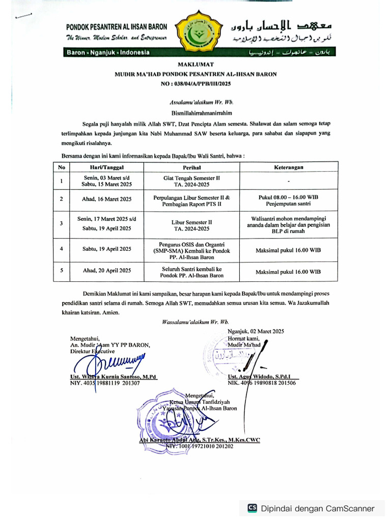 No. 038 Maklumat Libur Semester II TA. 2024 - 2025-1 | PDF