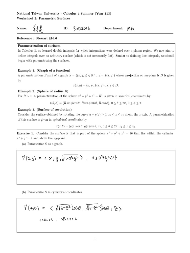 Parametric Surfaces Worksheet - Calculus 4 | PDF | Sphere | Elementary ...