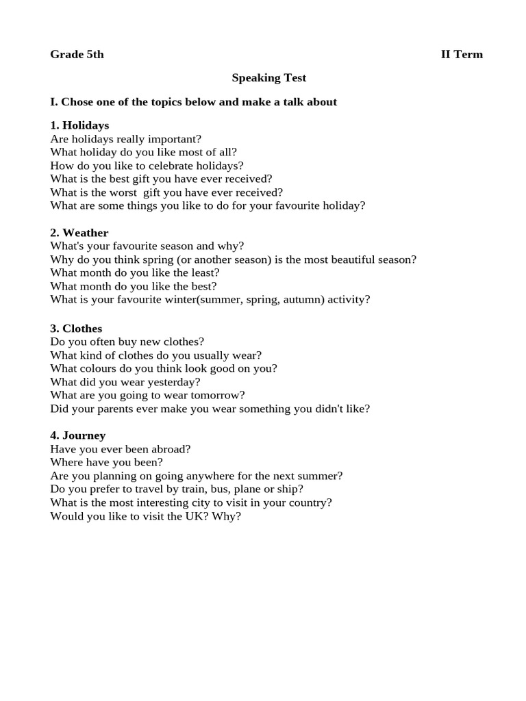 Grade 5 Speaking Test Topics Guide | PDF