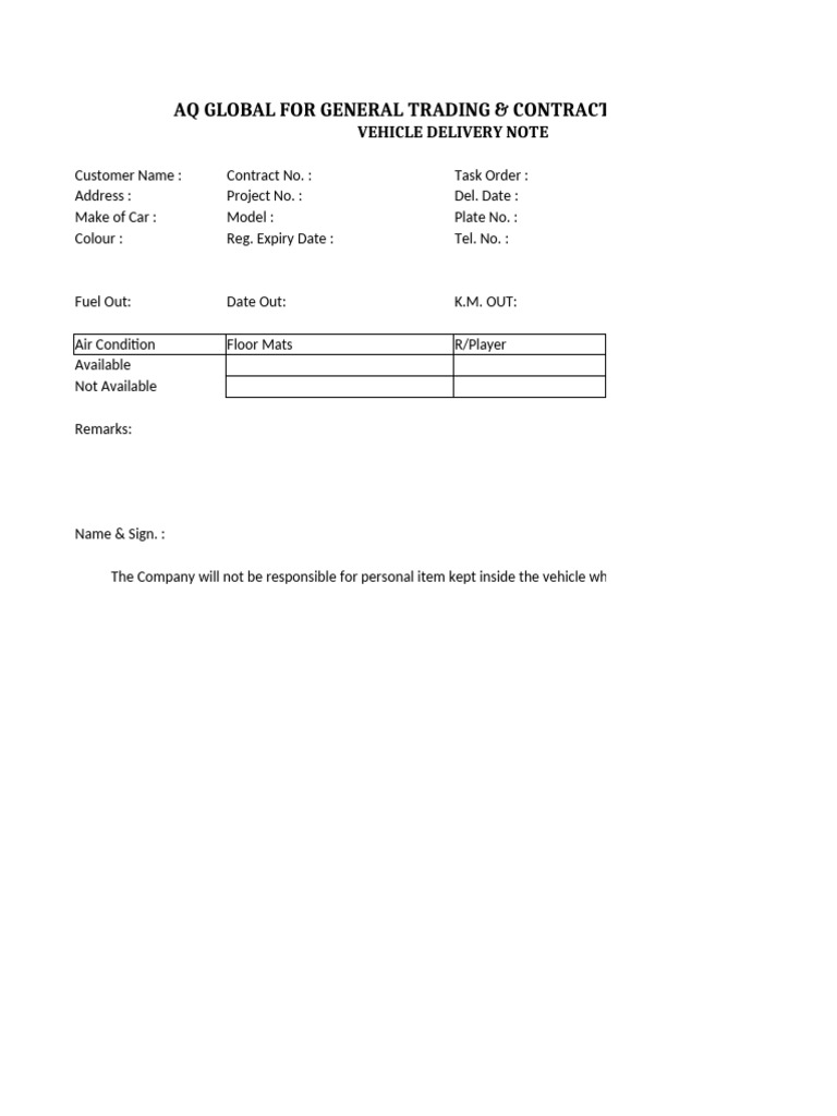 Vehicle Delivery Note | PDF