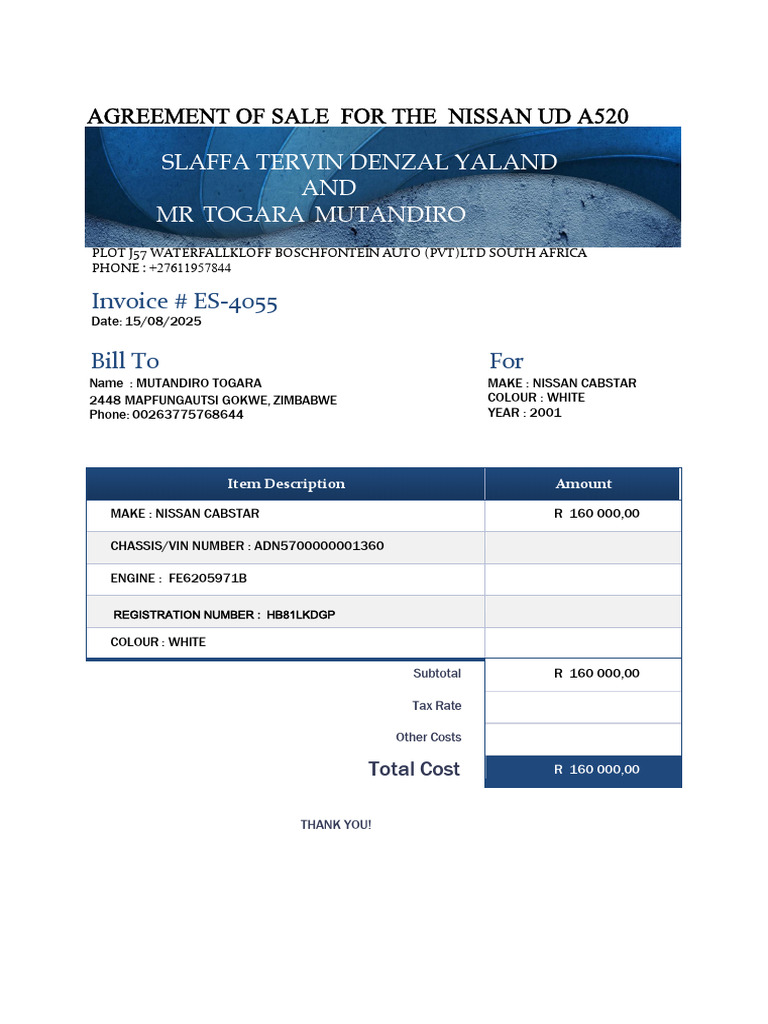 Nissan Cabstar Invoice ES-4055 | PDF