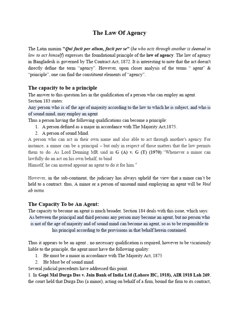 Minor's Role as Agent in Law | PDF | Law Of Agency | Business Law