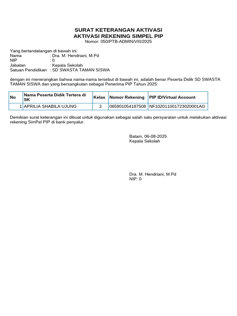 Surat Keterangan Aktivasi Pip Nominasi Tahun 2025, SD Swasta Taman Siswa - 050 - Ptb-Admin ...