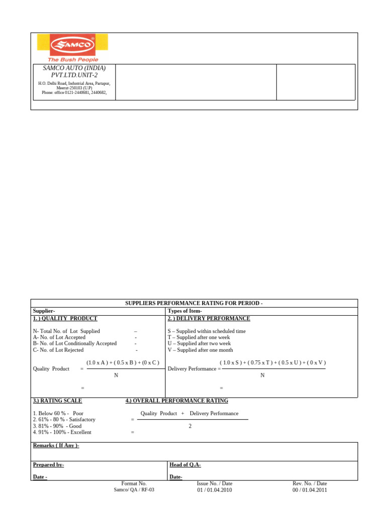 Supplier Performance Rating Report | PDF