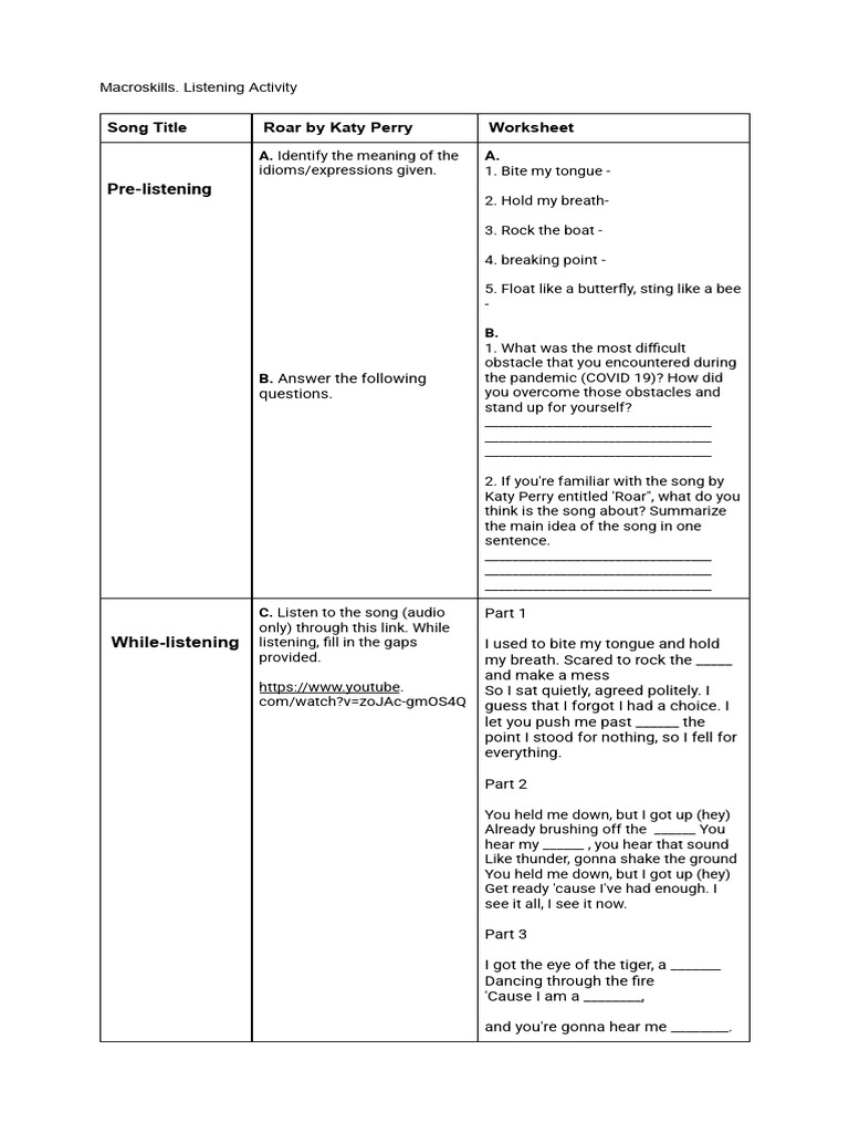 Listening Activity: Analyzing "Roar" | PDF | Grammar | Syntax