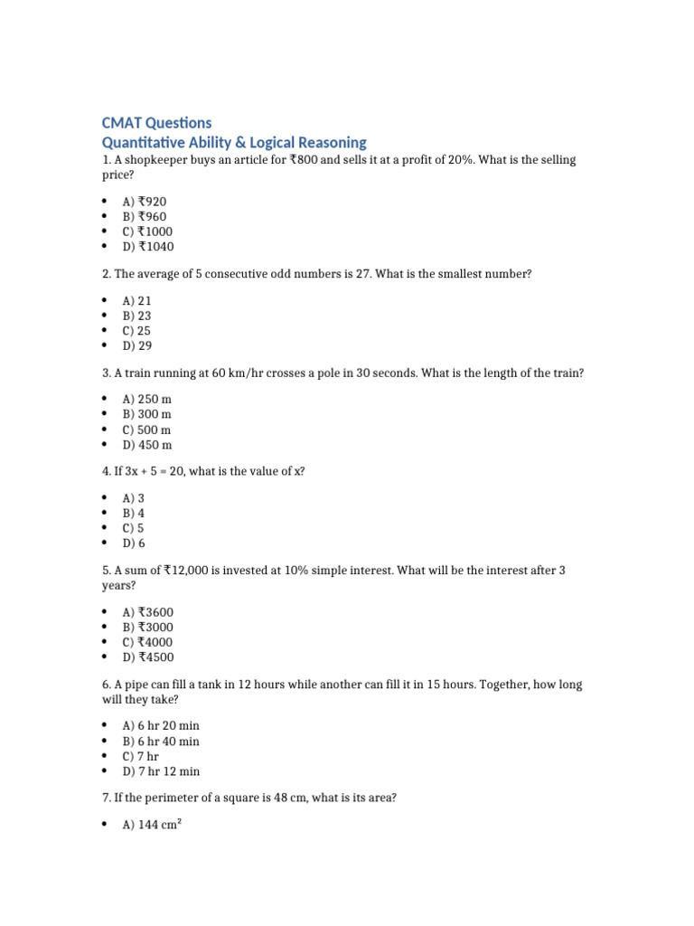 CMAT Quantitative & Logical Reasoning Questions | PDF | Interest