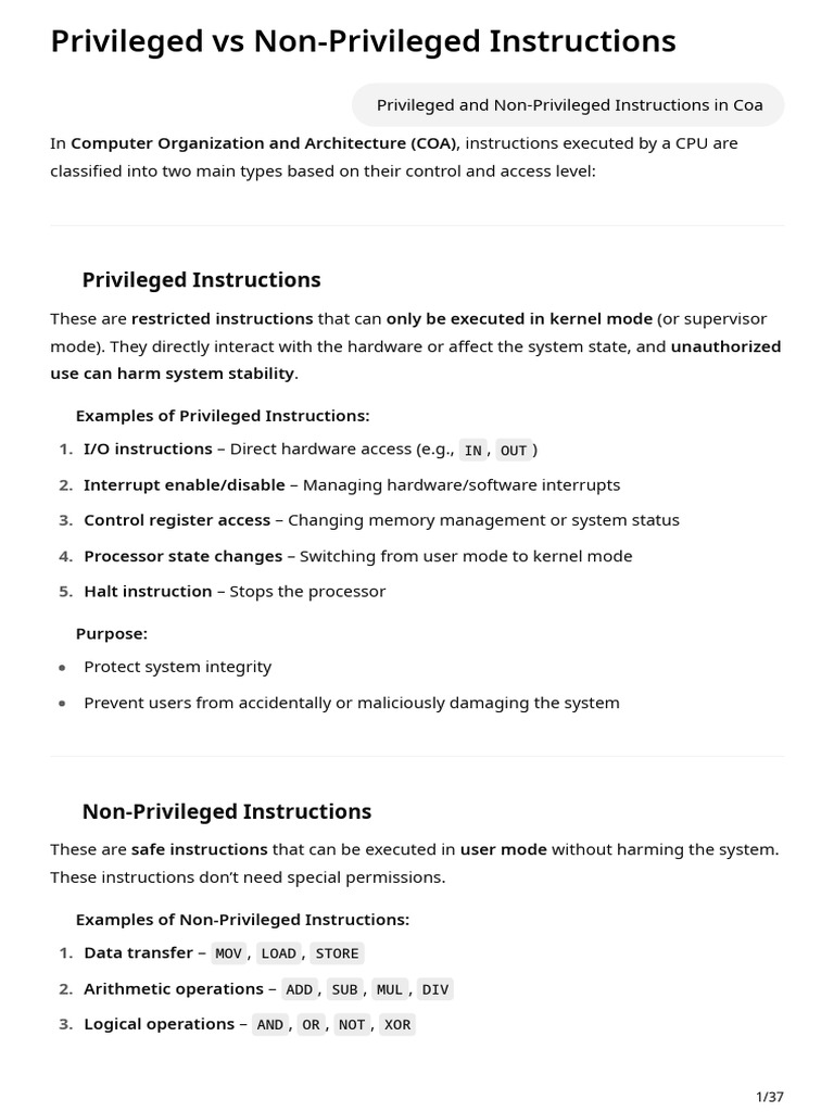 Privileged vs Non-Privileged Instructions | PDF | Cpu Cache | Operating ...