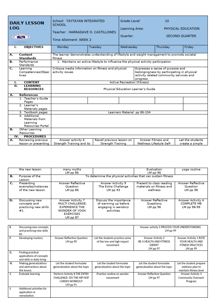 Daily Lesson LOG: I. Objectives A. Content Standards B. C | PDF ...