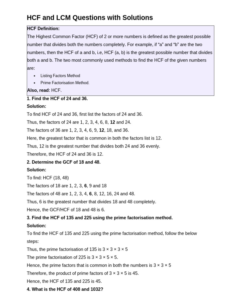 HCF and LCM Questions With Solutions | PDF | Factorization | Discrete ...