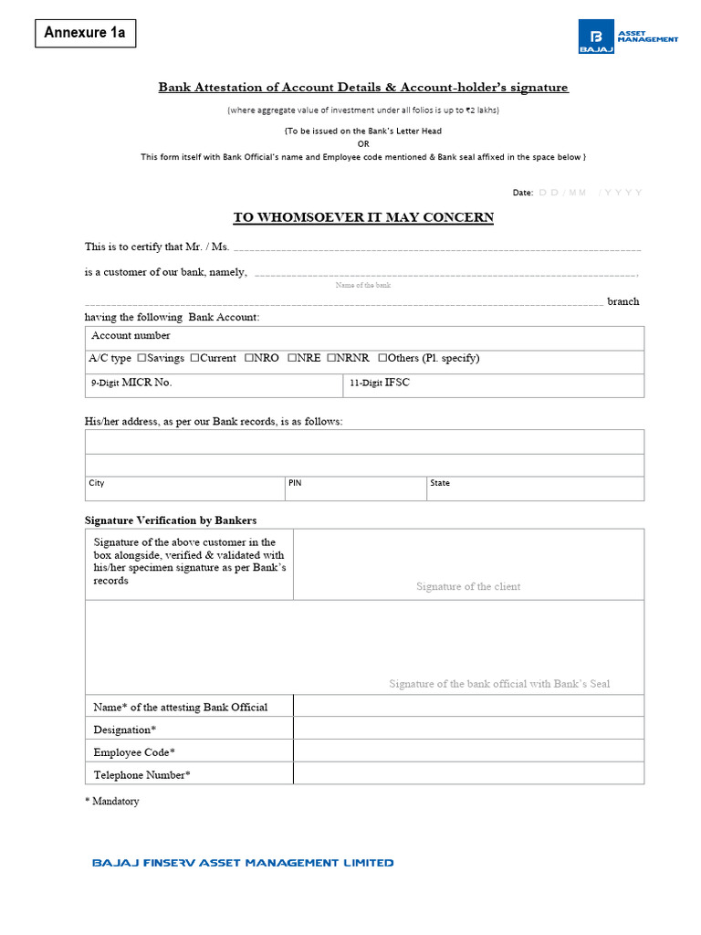Bank Attestation Form Annexure 1A | PDF
