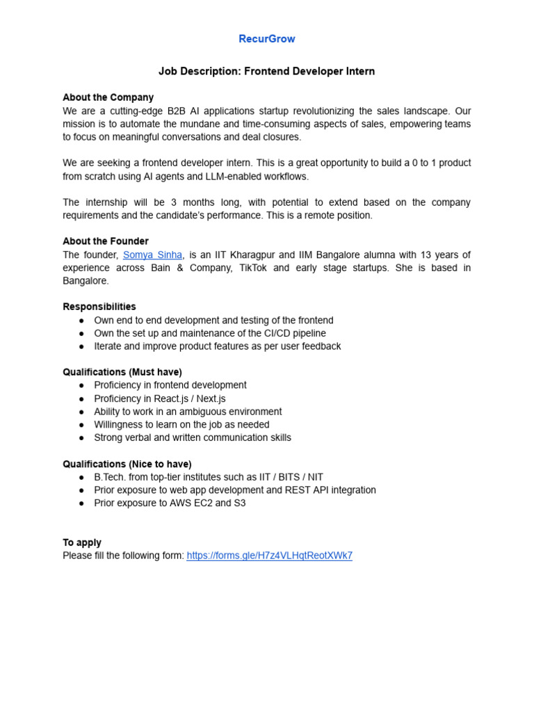 RecurGrow JD - Frontend Developer Intern | PDF