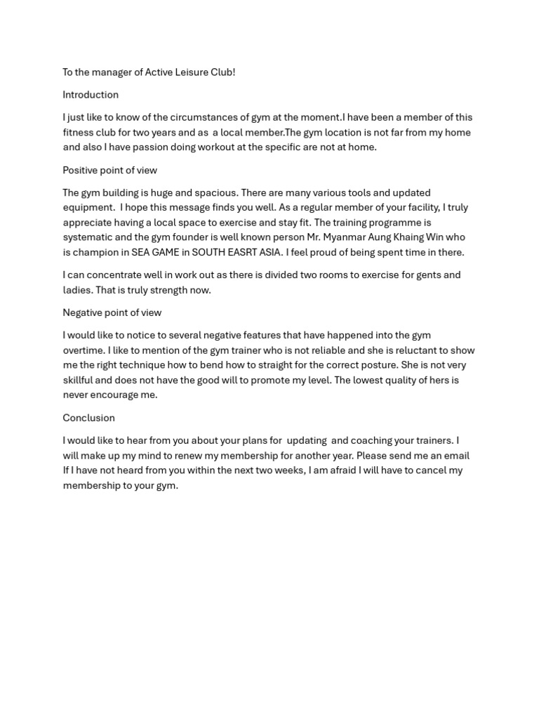 To The Manager of Active Leisure Club 1 | PDF
