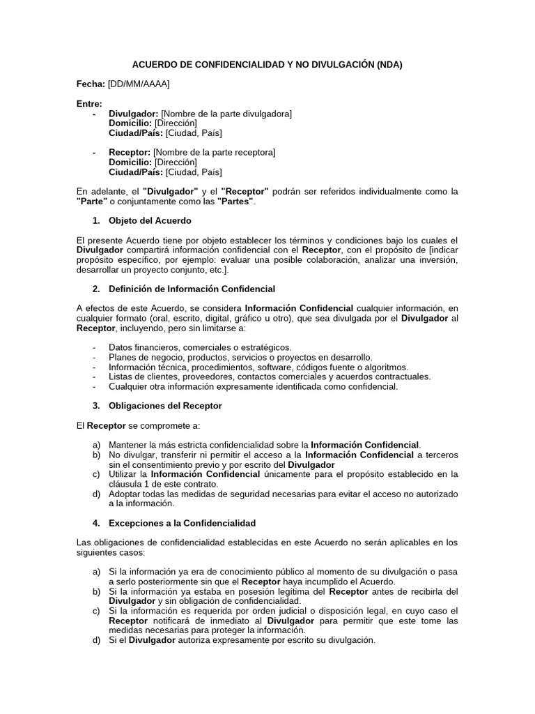 Modelo de Acuerdo de Confidencialidad NDA | PDF | Acuerdo de no ...