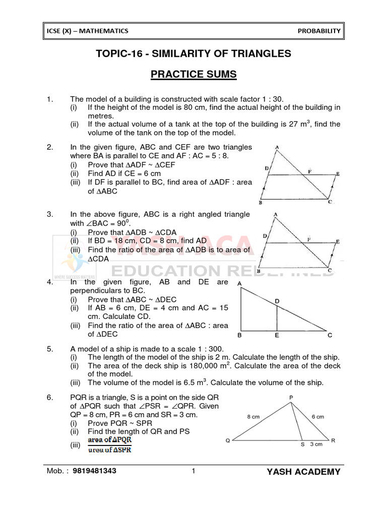 Similarity of Triangles Practice Problems | PDF | Area | Triangle