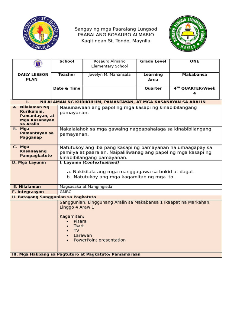 Lesson Plan Makabansa 4th Quarter | PDF