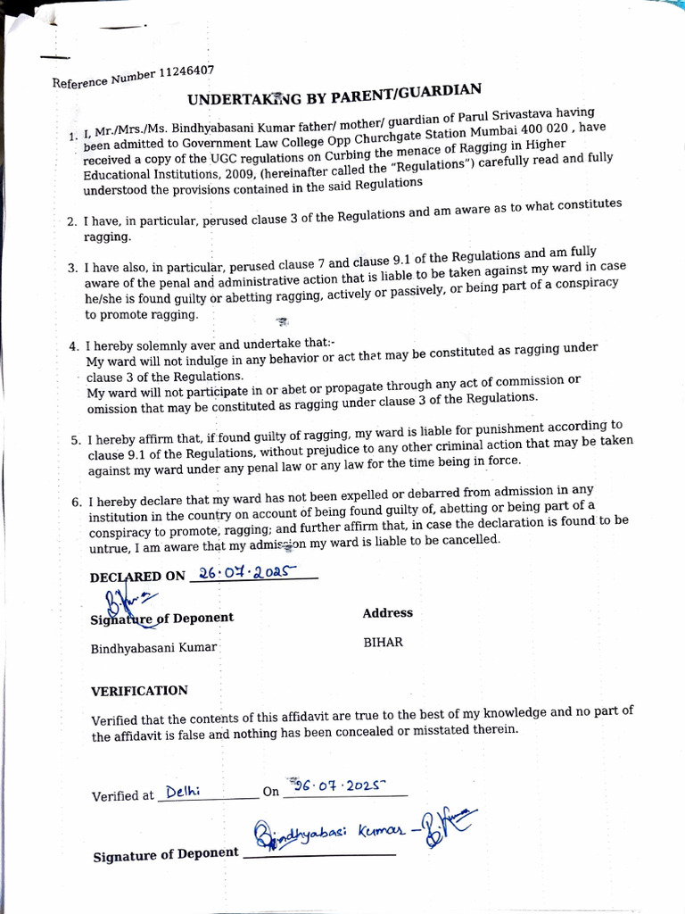 Guardian-Anti Ragging Undertaking | PDF | Affidavit | Legal Procedure
