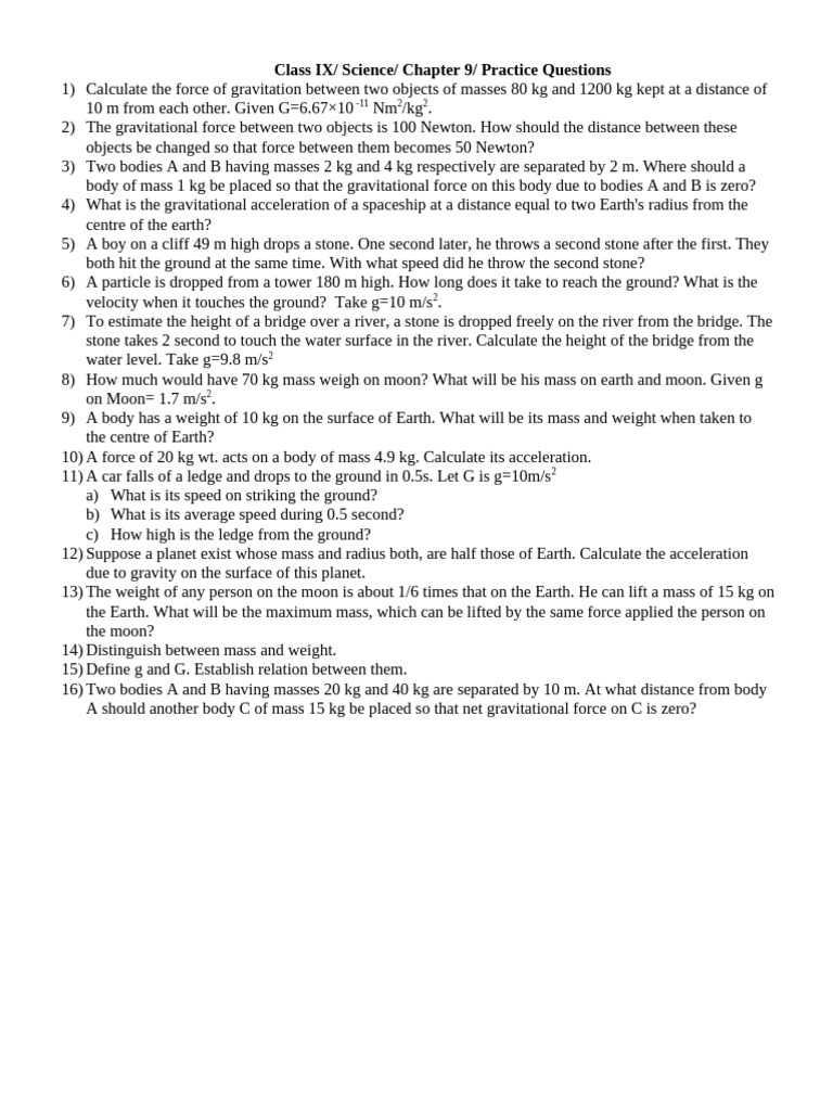 Class 9th Chapter Gravitation Worksheet | PDF | Mass | Force