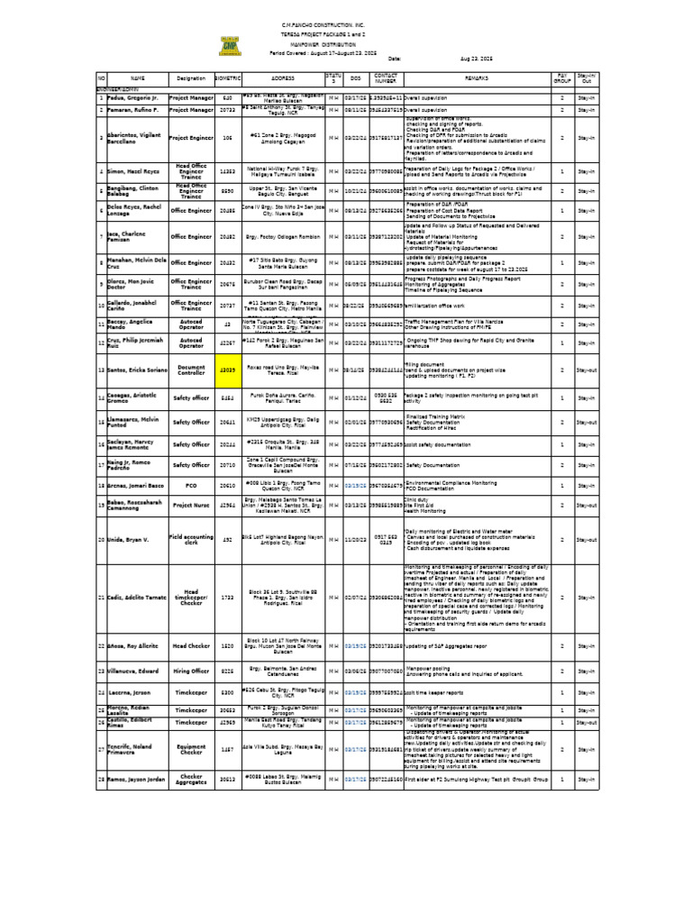 Teresa Project Manpower Distribution Report | PDF | Metro Manila
