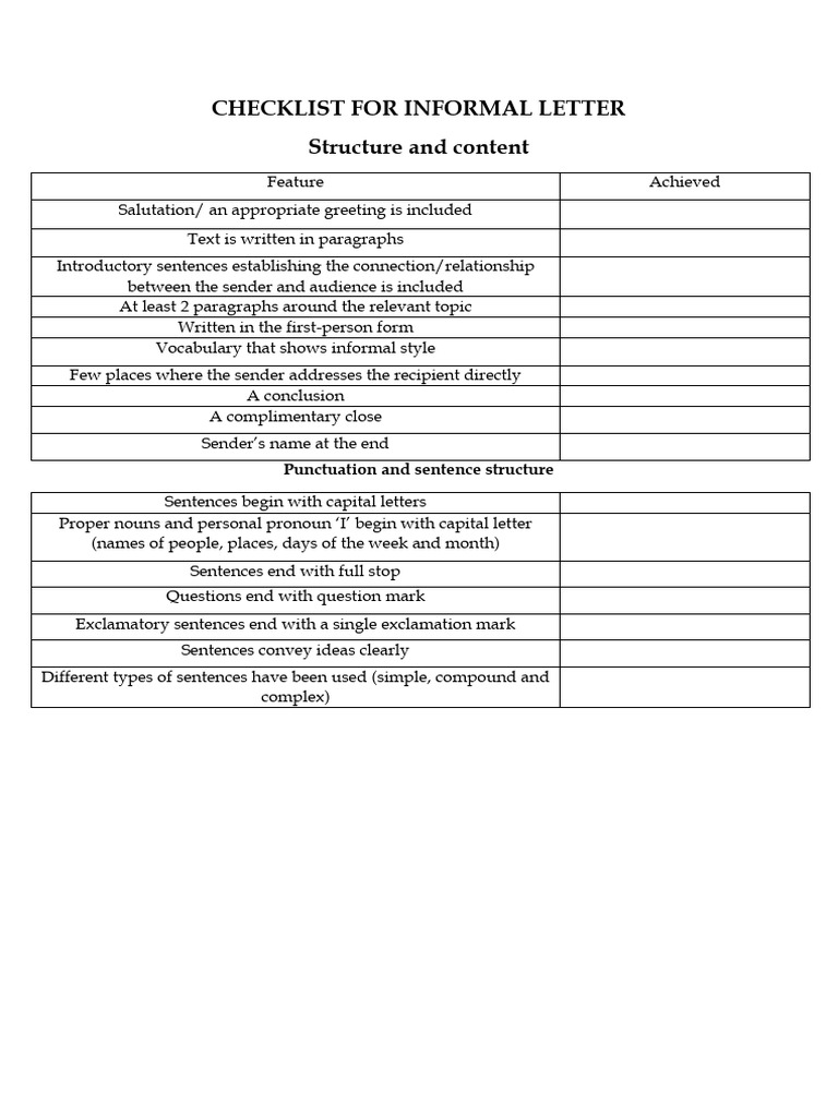 Informal Letter Writing Checklist | PDF