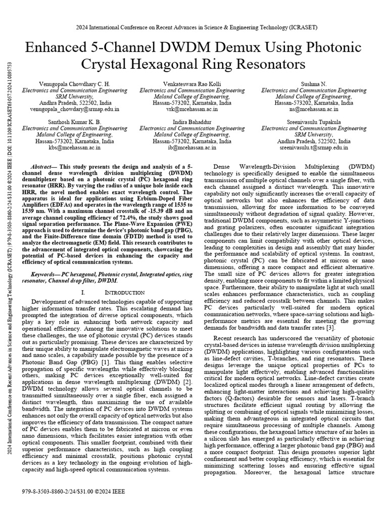 Enhanced 5-Channel DWDM Demux Using Photonic Crystal Hexagonal Ring Resonators | PDF ...