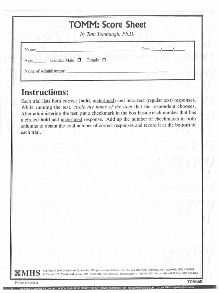 TOMM, Score Sheet | PDF