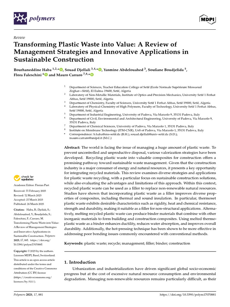 Plastic Waste Recycling in Construction | PDF | Plastic | Polymers