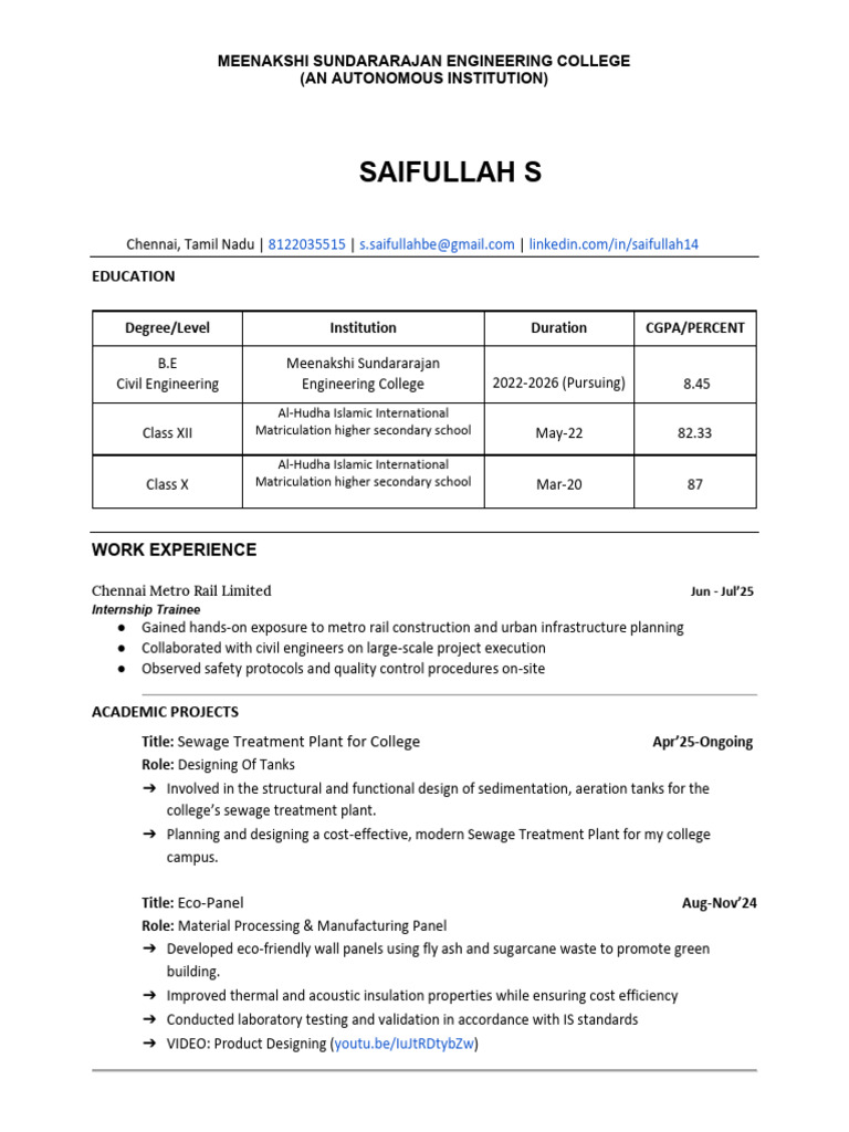 Saifullah 311522103015 Resume | PDF