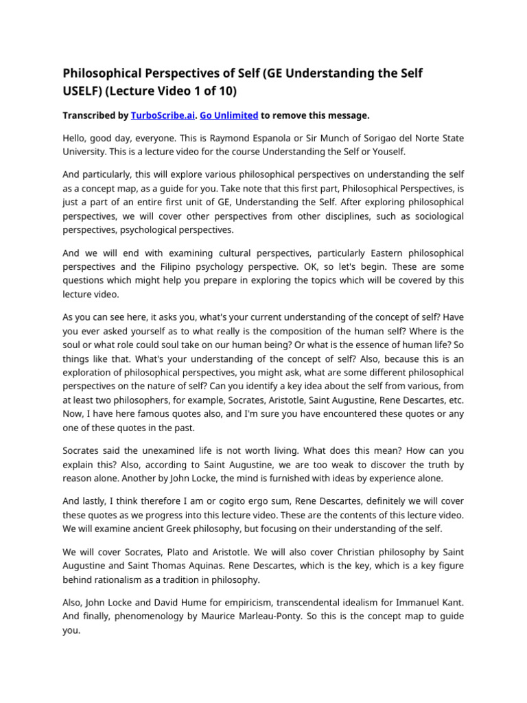 Philosophical Perspectives of Self (GE Understanding The Self USELF ...