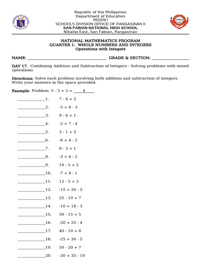 NMP Jhs Worksheets-w5-Operations On Integers | PDF | Integer | Discrete ...