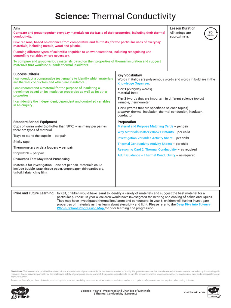 Year 5 Thermal Conductivity Lesson Plan | PDF | Electrical Resistivity ...
