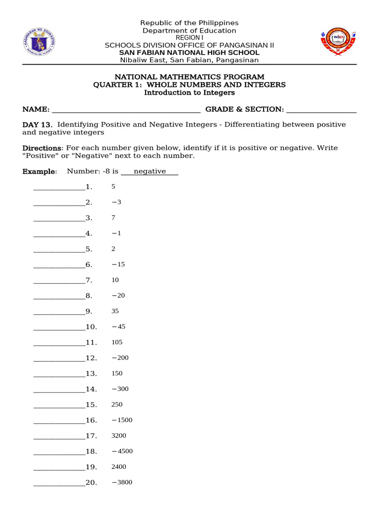 NMP Jhs Worksheets-w4-Intro To Integers-Operations | PDF | Integer ...