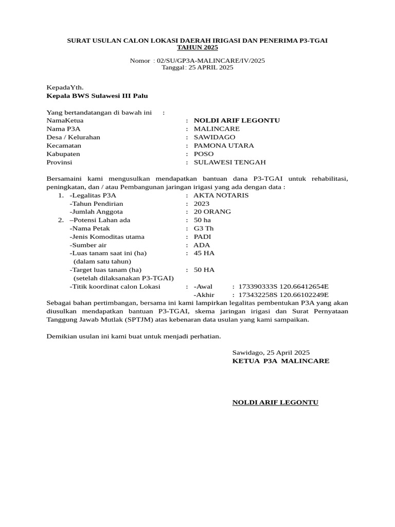 Surat Usulan Calon Lokasi Daerah Irigasi Dan Penerima p3 (P3a Malincare) | PDF