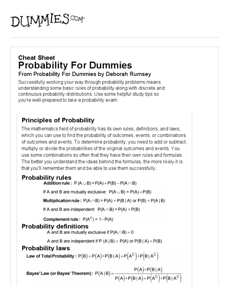 Probability For Dummies Cheat Sheet - For Dummies | PDF | Probability ...