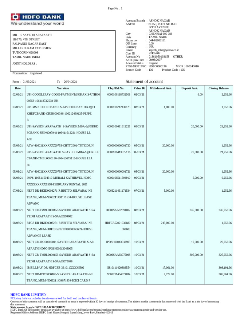 HDFC Bank Statement For House Lease Pyt | PDF | Institutional Investors | Personal Finance