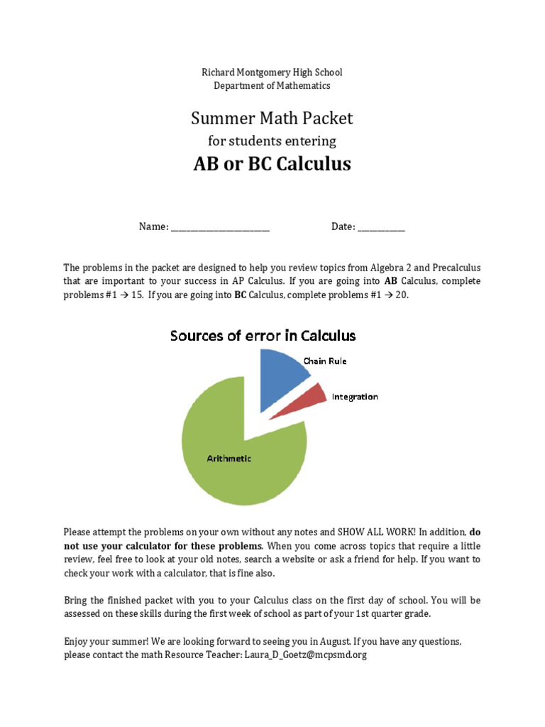 Summer Math Packet for AP Calculus | PDF | Summation | Mathematics