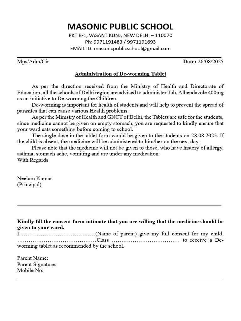 De-worming Tablet Administration Notice | PDF