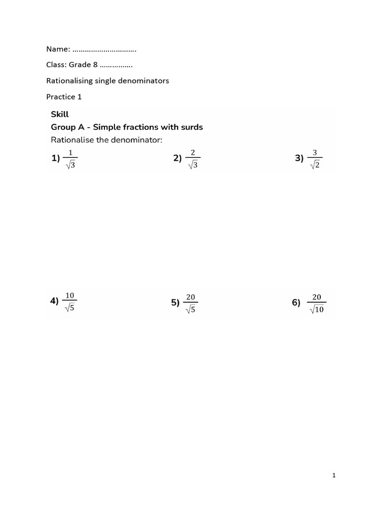 Grade 8 Rationalizing Denominators Practice | PDF