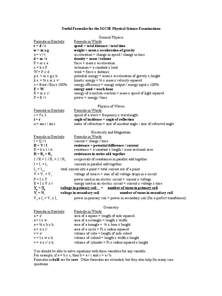 Physics Formula Sheet Igcse